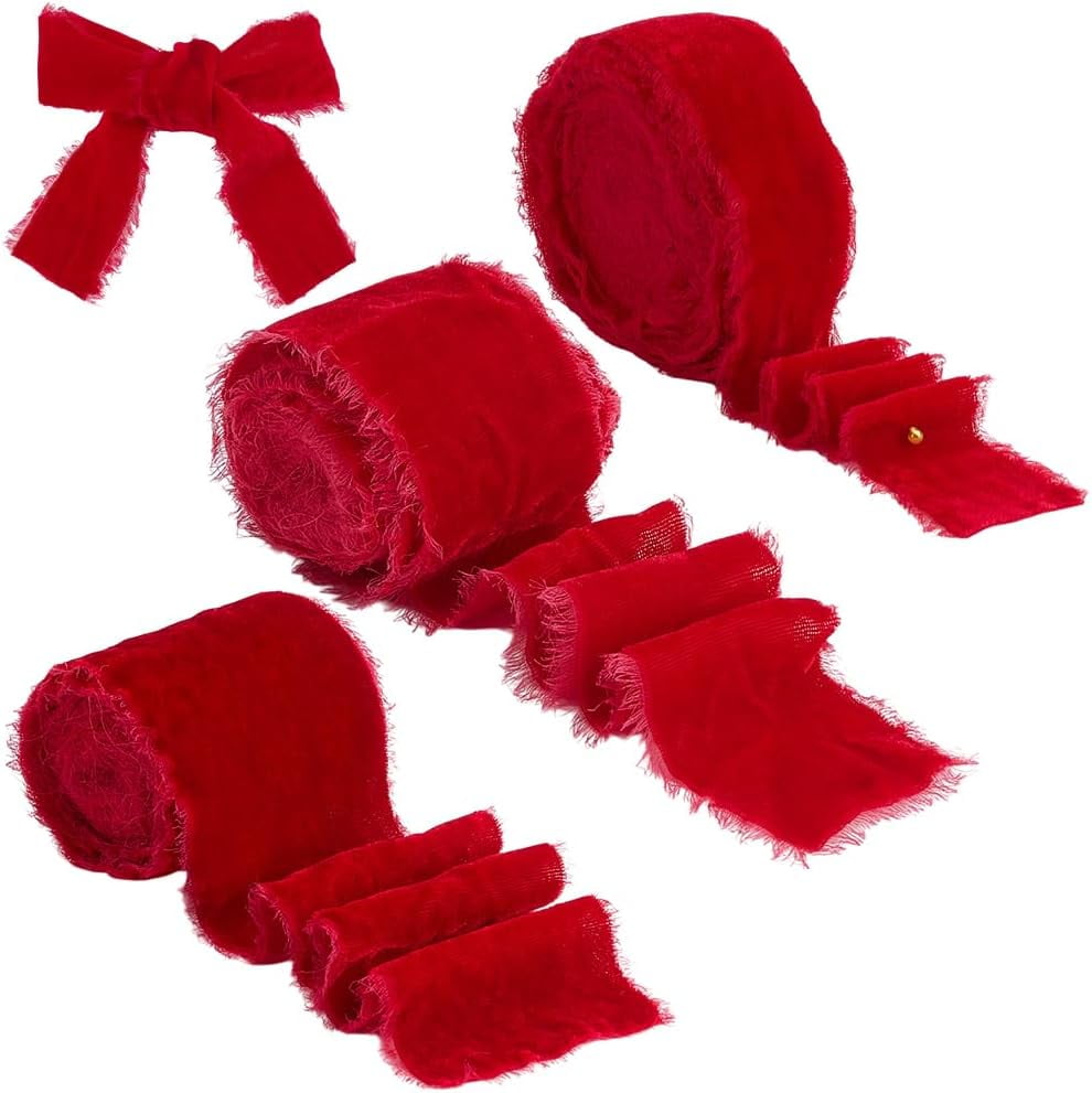 12 Yards Red Velvet Ribbon 1.3/2/3 Inch Handmade Raw Edge Velvet Ribbon ...