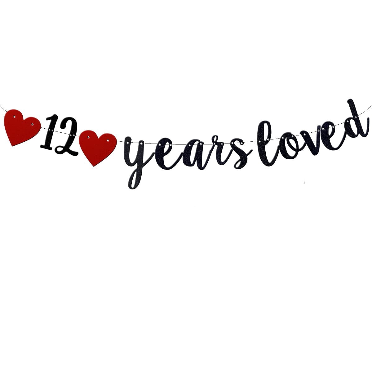 12 Years Loved Banner, Black and Red, Glitter Script, Heart Accents ...