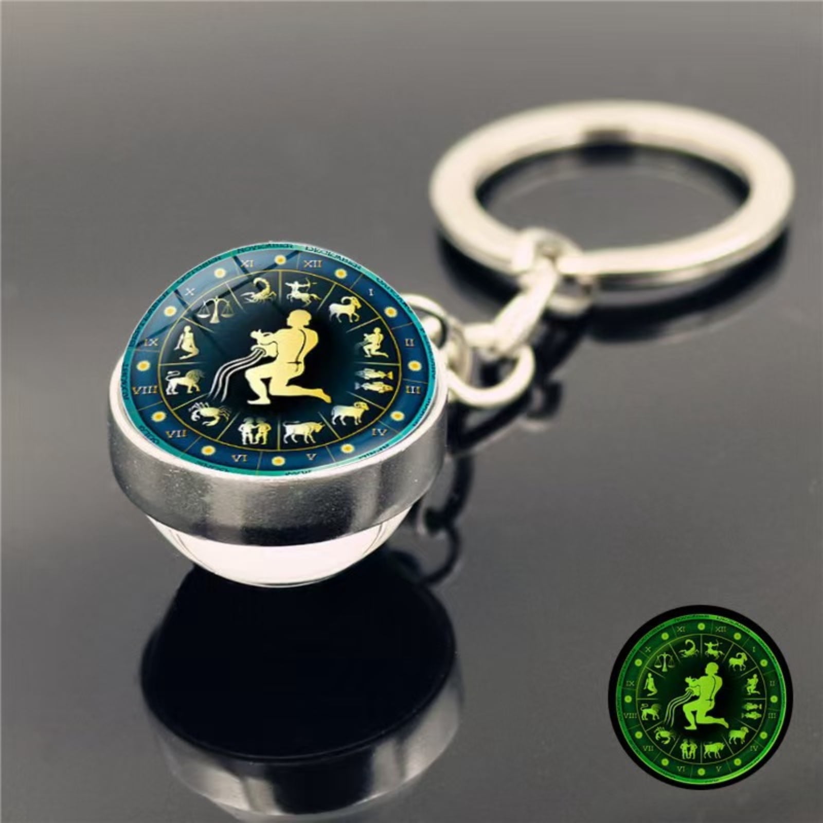 12 Zodiac Signs Keychain Time Gemstone Double Sided Glass Ball Keychain ...