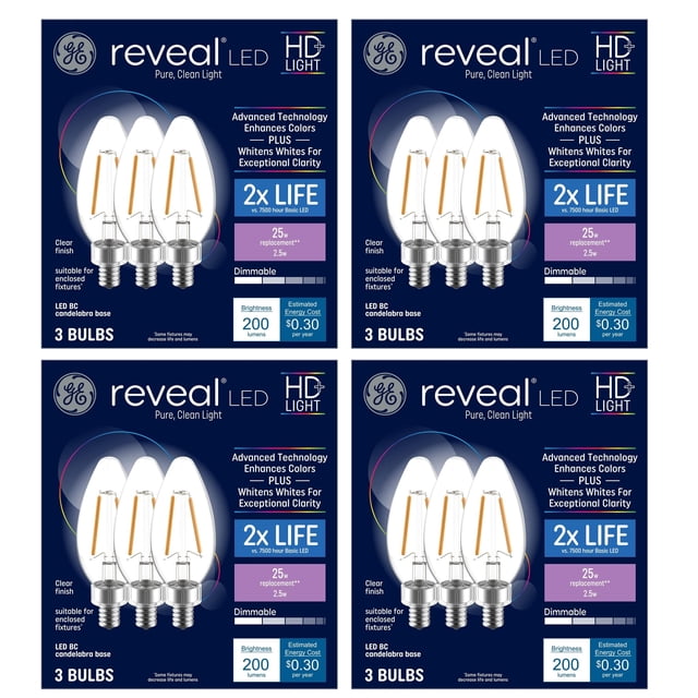 (12 bulbs) GE 42465 Reveal LED Chandelier Bulb, 200 lumens, 2.5 watts ...