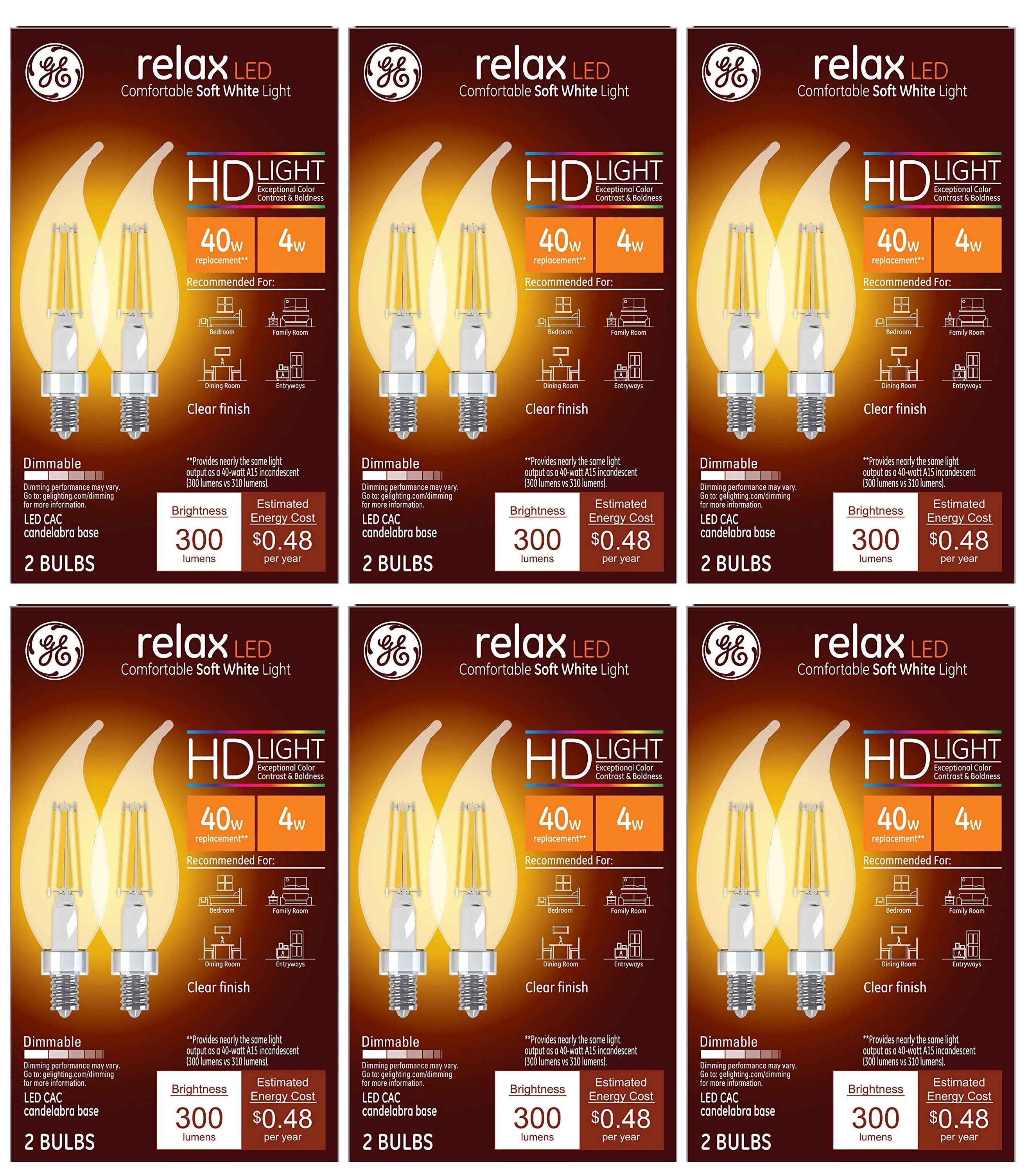 (12 bulbs) GE Lighting 36893 LED Chandelier Bulb, relax LED, Dimmable ...