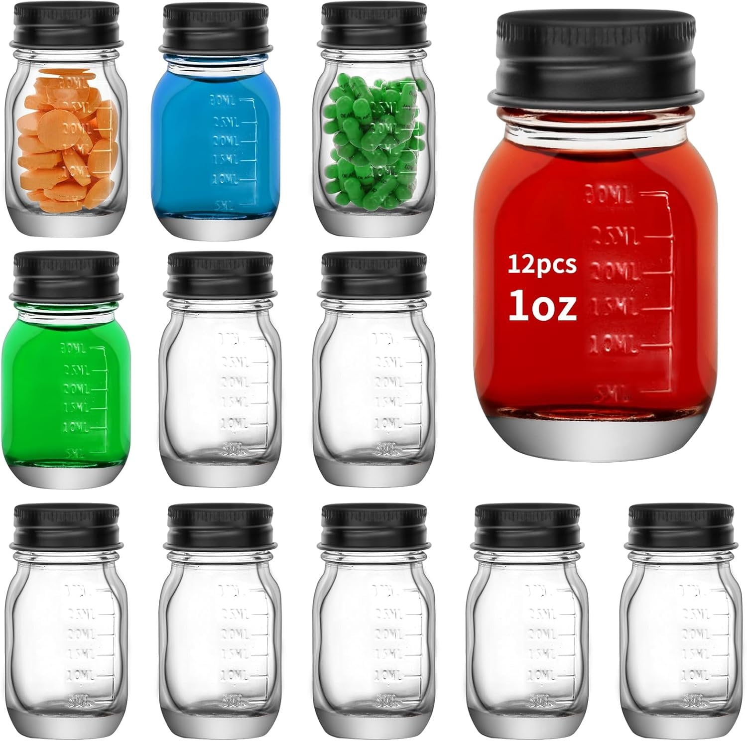 12 count 1oz Glass bottles 30ml with Black Screw Caps, Clear Glass ...