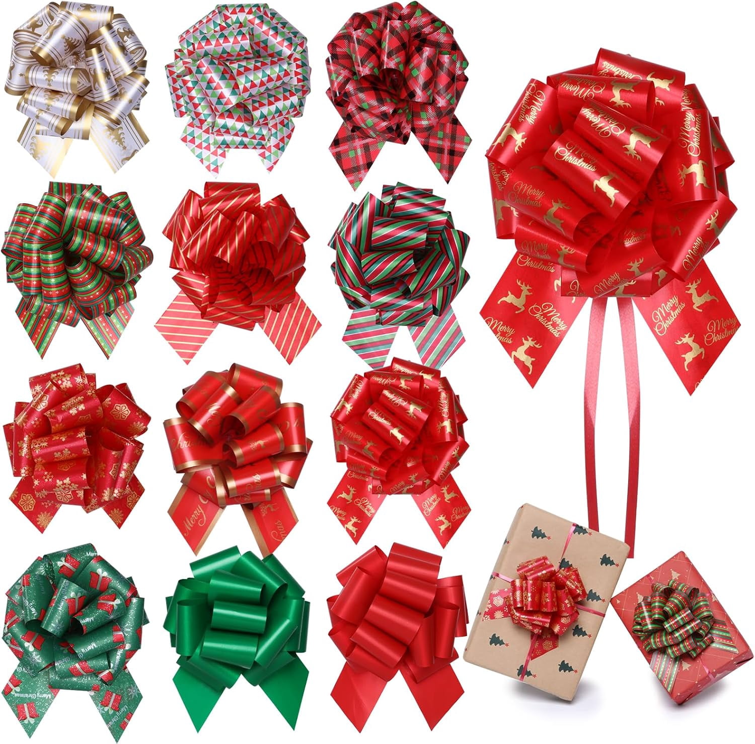 12 count Large Christmas Bows for Wrapping,5 inch Wide Xmas Pull Bows ...