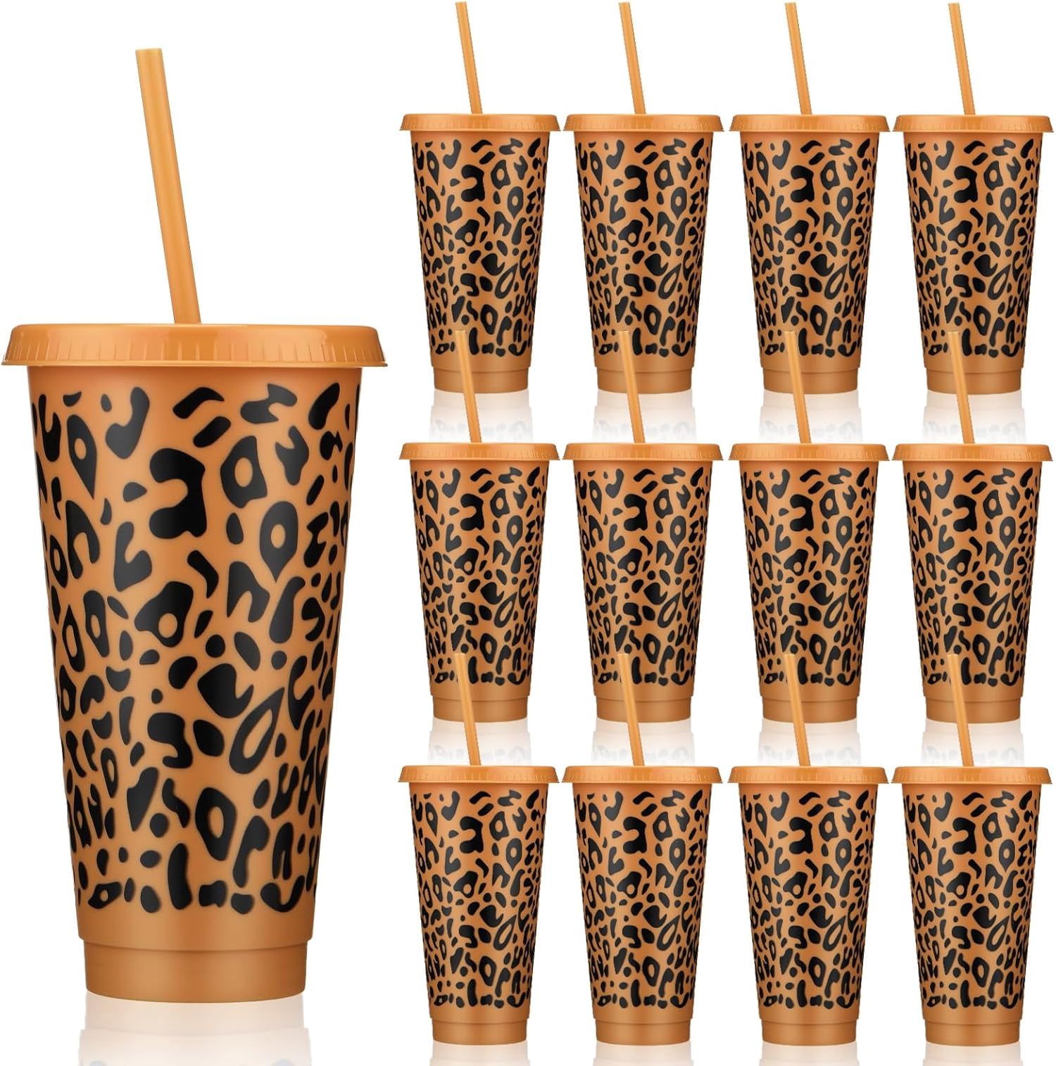 12 count Leopard Print Party Cups with Lid Straw 24 oz Drink Cups ...