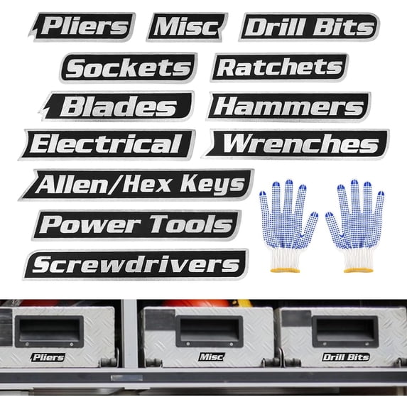 12 count Toolbox Labels with Gloves, Printed Toolbox Drawer Tags with ...