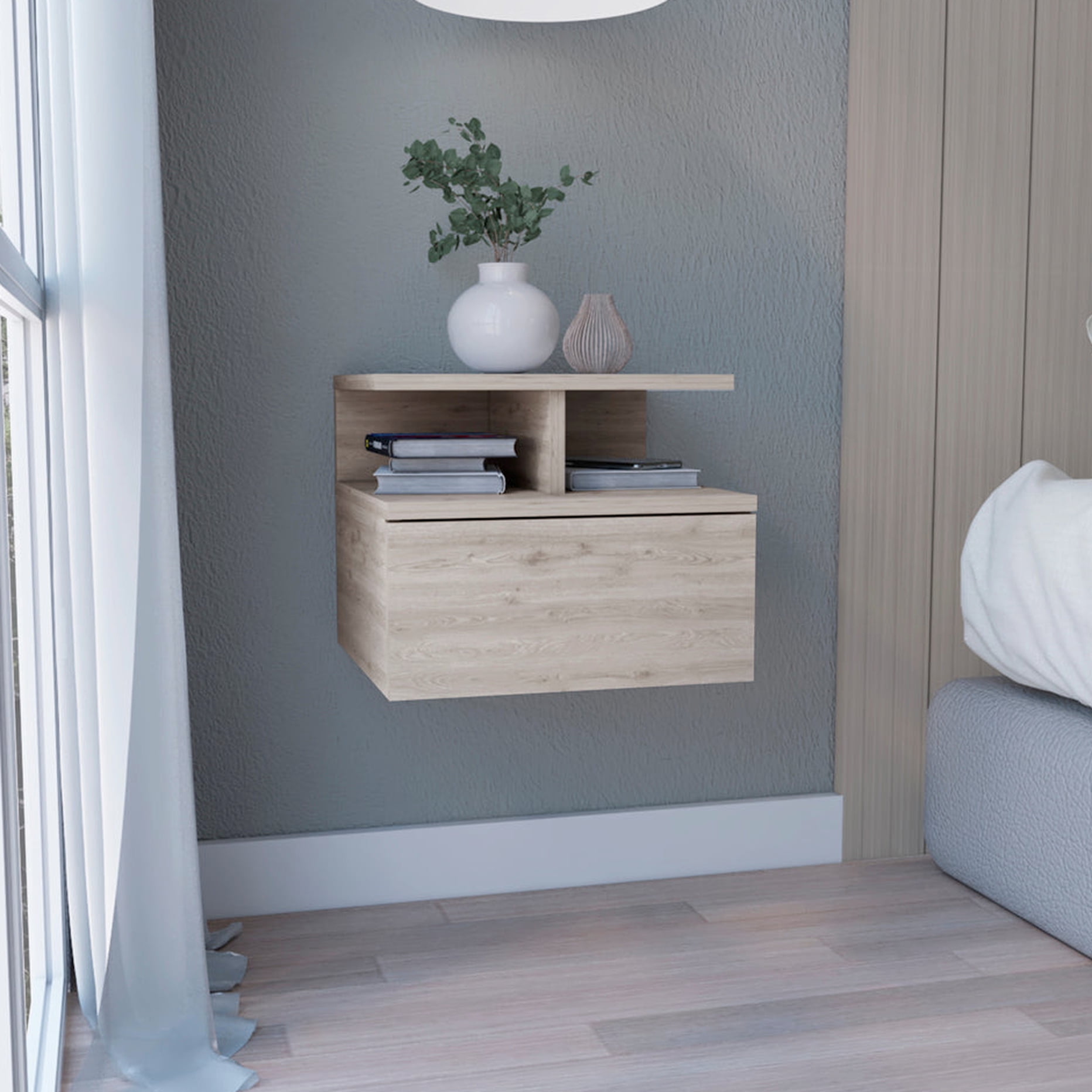 12"h Gray Wall Mounted Nightstand With Single Drawer And Fashionable ...