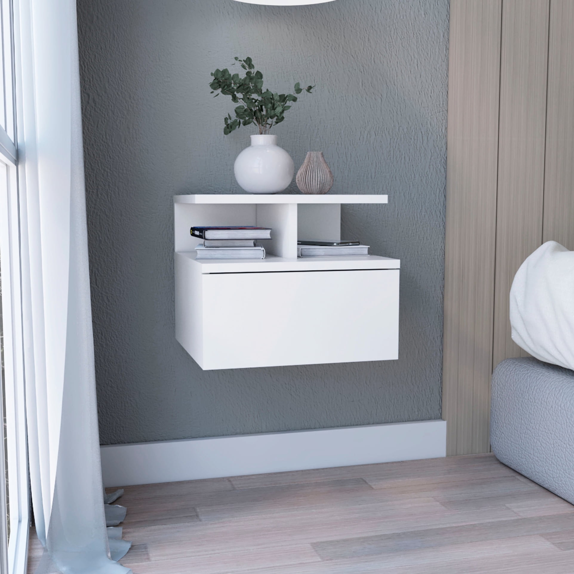 12"h White Bathroom Nightstand With Single Drawer And 2 Shelf Wall ...