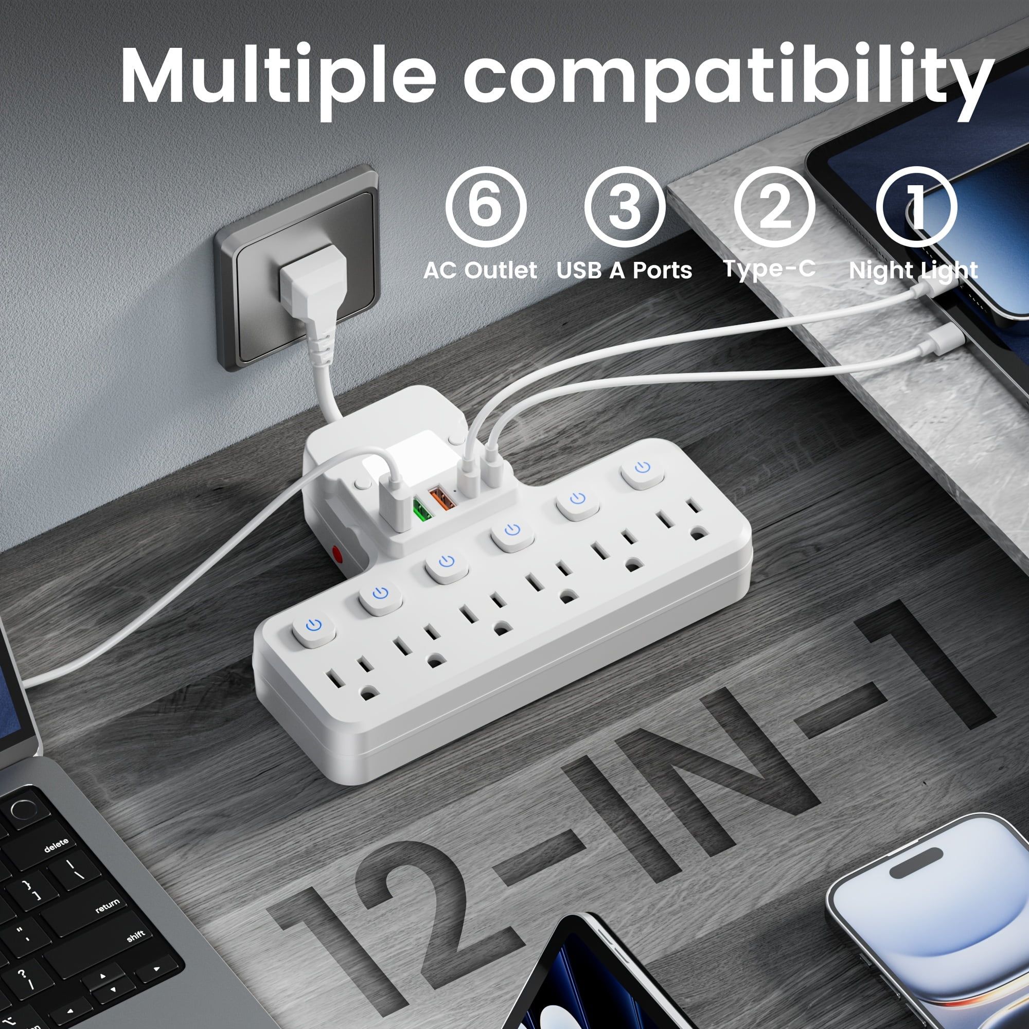 12-in-1 Adjustable Desk Lamp & Power Strip, 6 AC Outlets with Switch, 3 ...