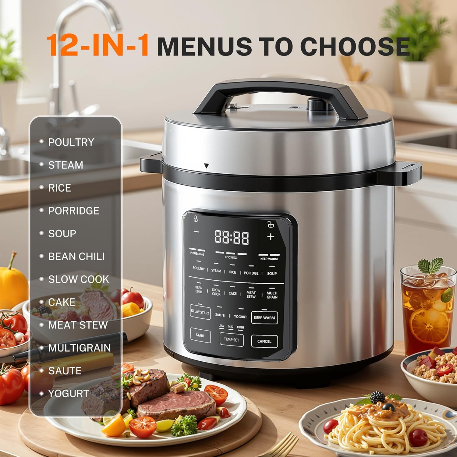 12-in-1 Electric Pressure Cooker 6 Quart, Non-Stick Stainless Steel ...