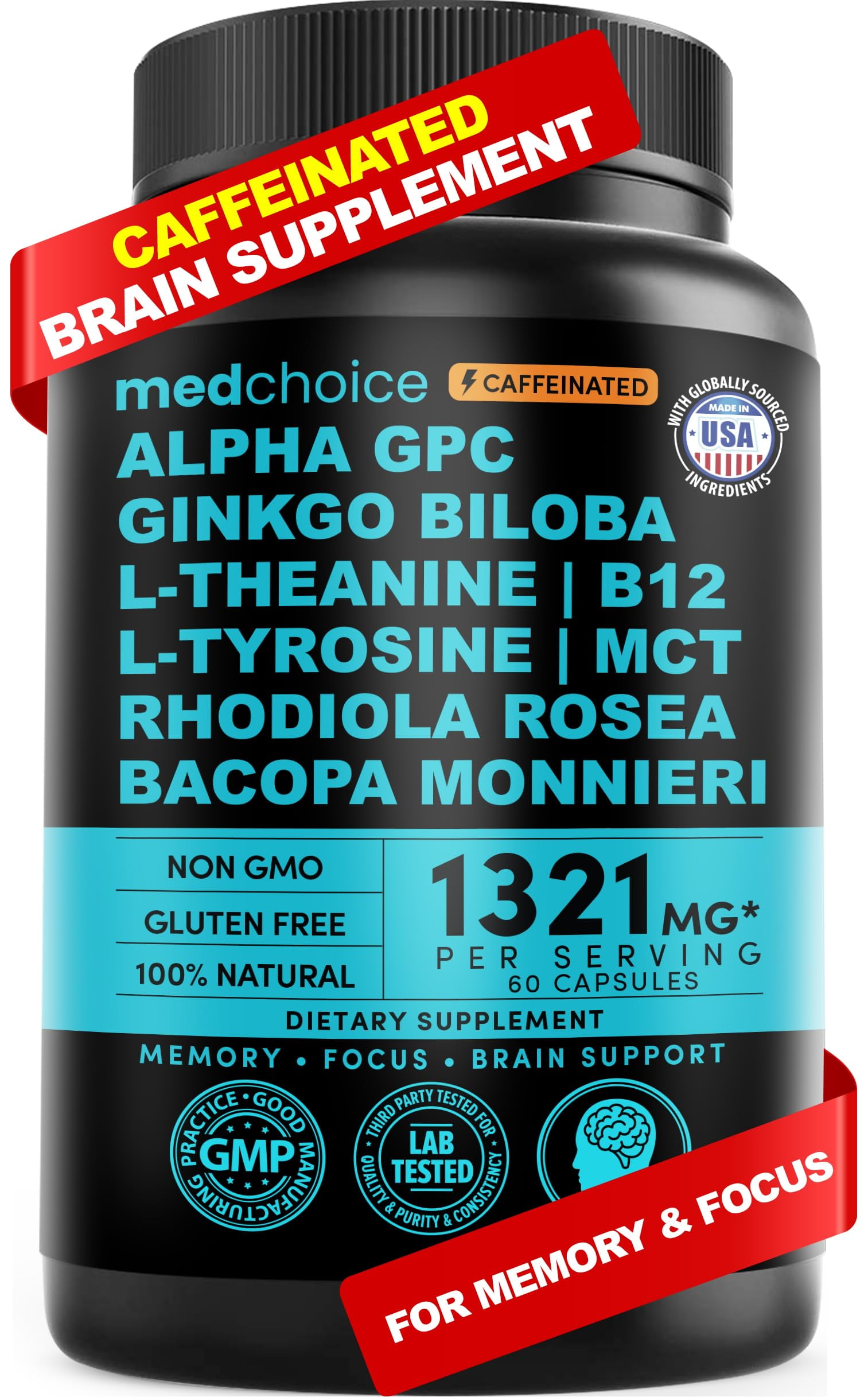 12-in-1 Nootropic Brain Supplement with Caffeine Anhydrous: Ginkgo Biloba for Brain Support ...