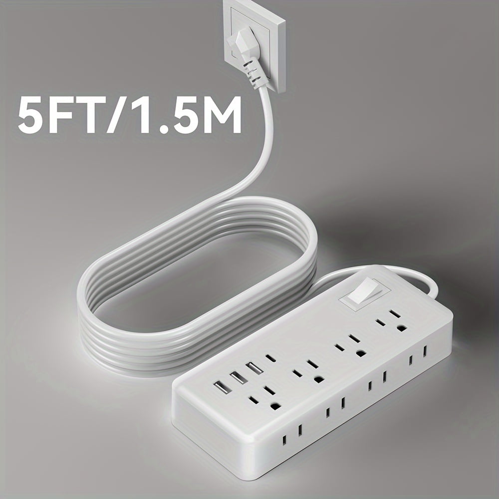 12-in-1 Power Strip, 5ft Flat Plug Extension Cord, 3 USB-A & 1 USB-C ...