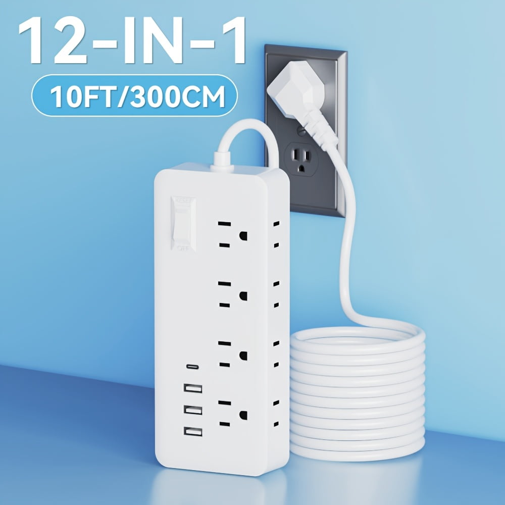 12-in-1 Power Strip: 8 AC Outlets, 3 USB Ports, 1 USB-C, Flat Wall ...