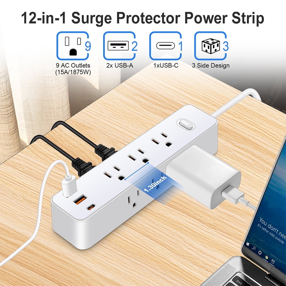 12-in-1 Surge Protector Power Strip- 9 Outlets & 3 USB ,Flat Plug ...