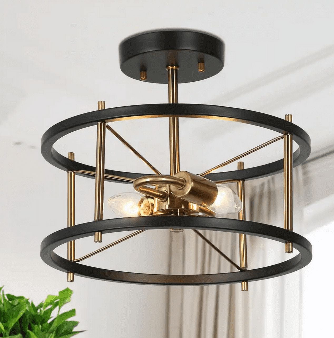 12 in. 2-Light Black Modern Semi-Flush Mount, Brass-Plated Ceiling ...