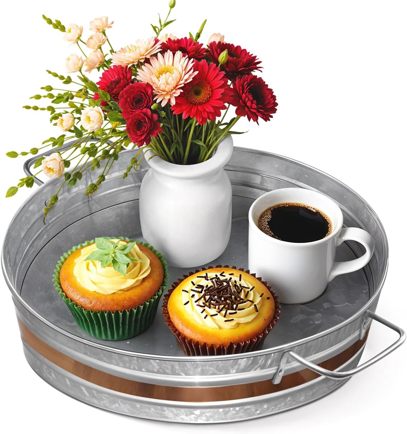 12 in Round Acid Pickling Galvanized Metal Serving Tray with Copper ...