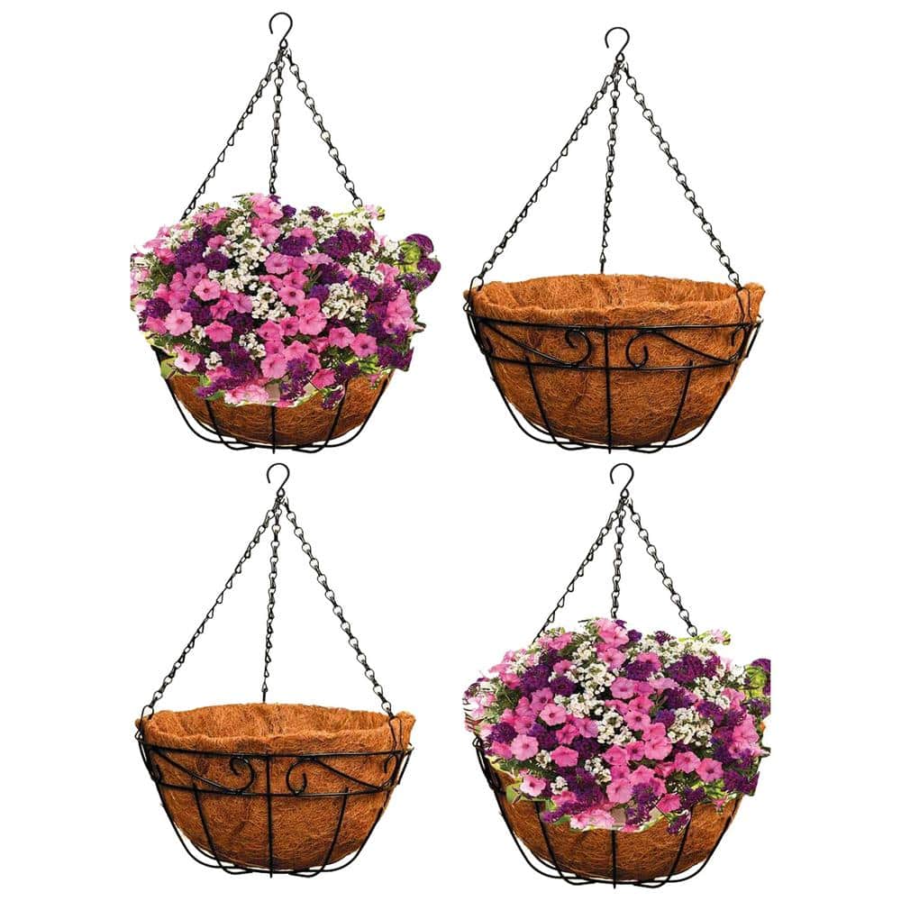 12 in. Round Metal Hanging Planter Baskets with Coco Coir Liner (4-Pack ...