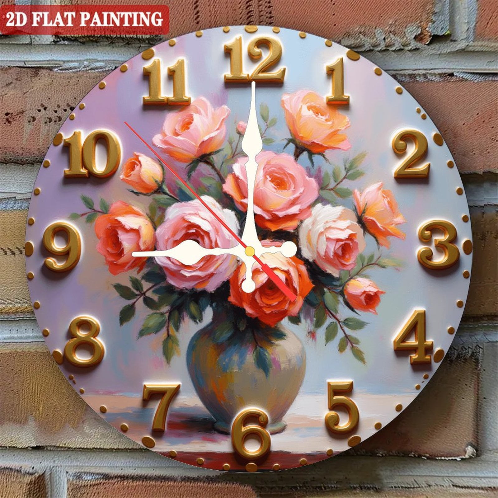 12-inch（30cm） art decorative wall clock，A circular frame of pink roses ...