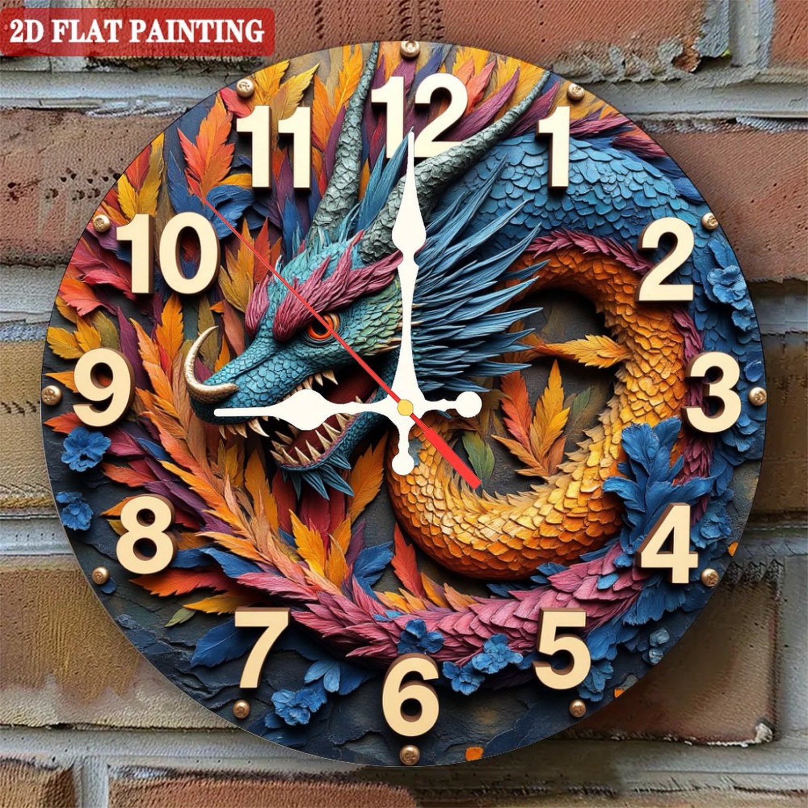 12-inch (30cm) artistic decorative wall clock; A colorful dragon relief ...