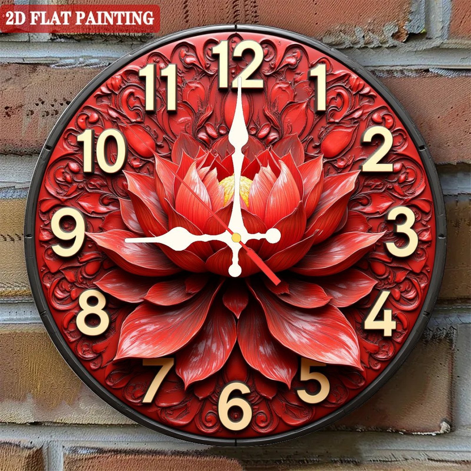 12-inch (30cm) artistic decorative wall clock; A scarlet lotus opens ...