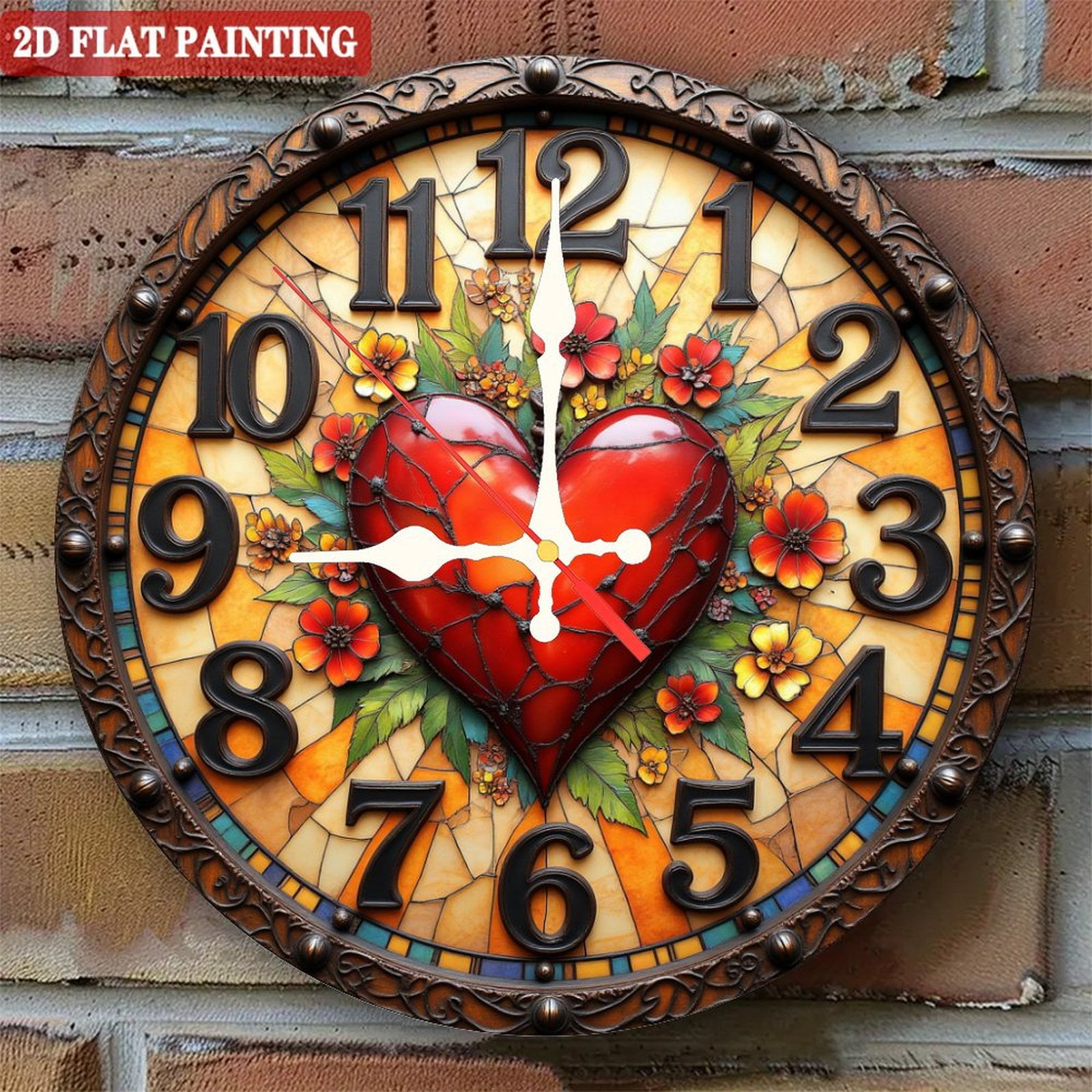 12-inch (30cm) artistic decorative wall clock; Blooming heart, floral ...