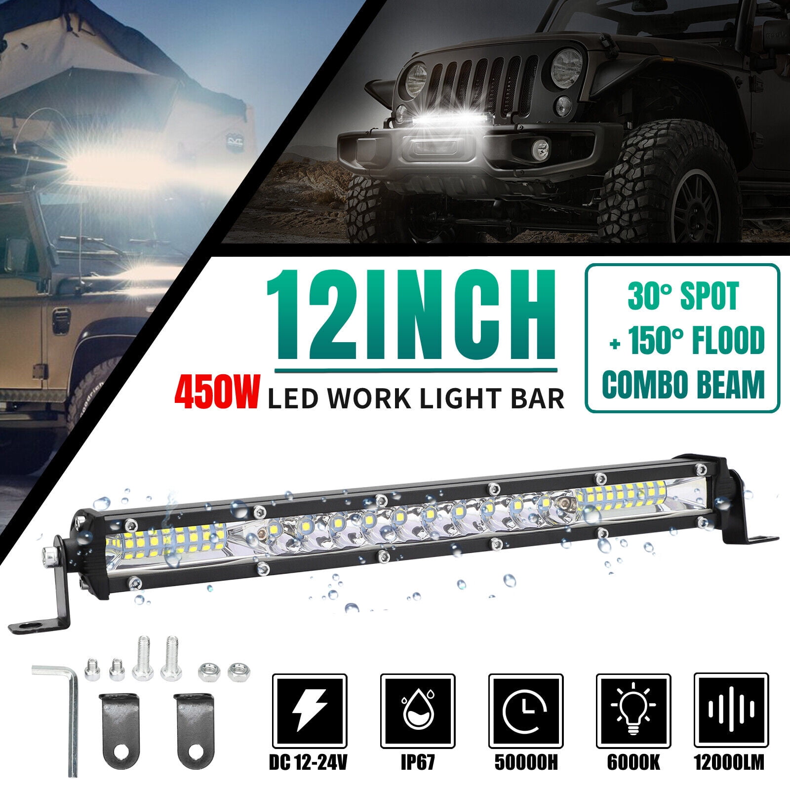 12" inch 450W LED Work Light Bar Combo Spot Flood Driving Off Road SUV ...