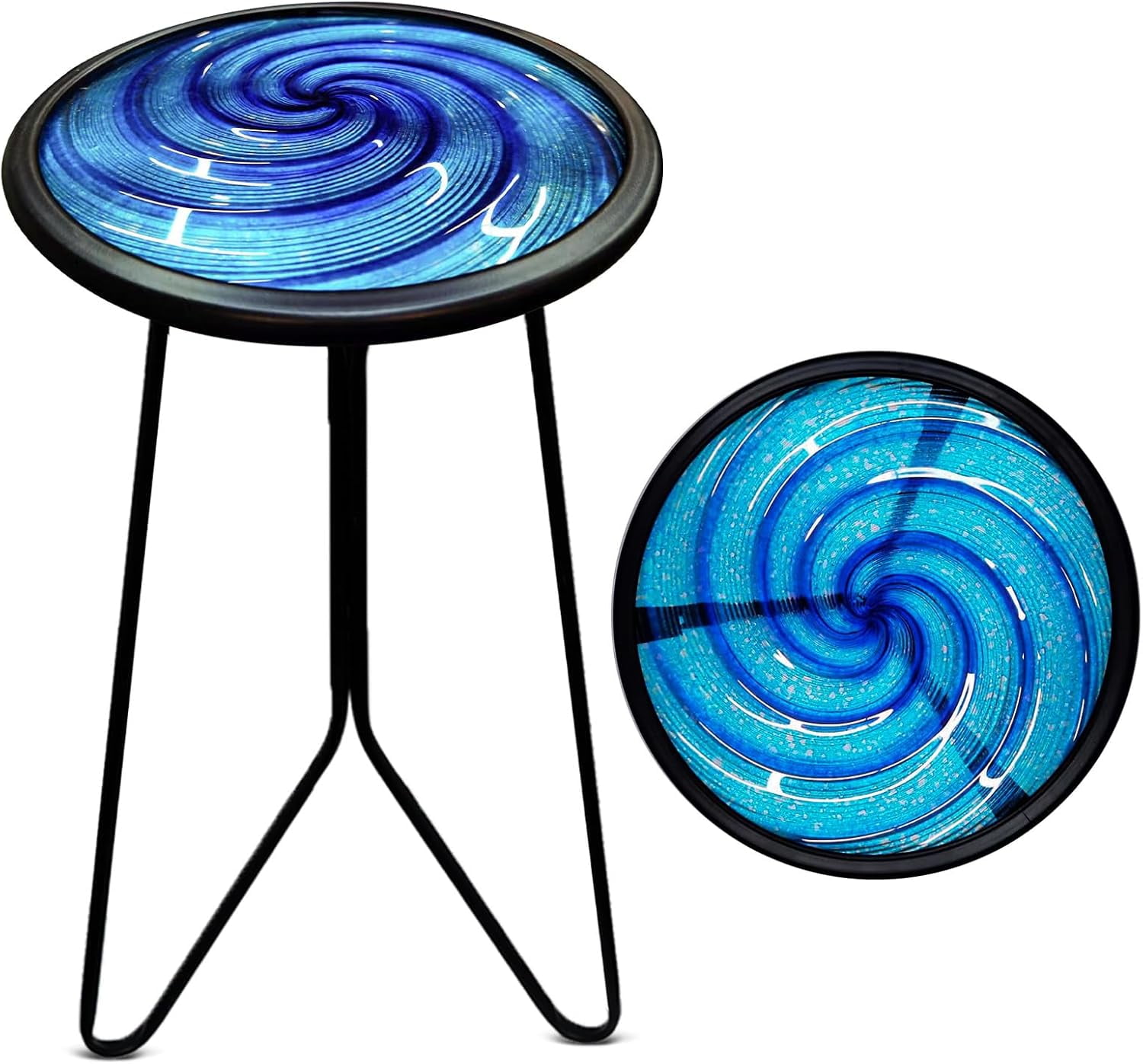 12 inch Blue Spiral Glass Patio Side Table, Small Round Metal End Table ...
