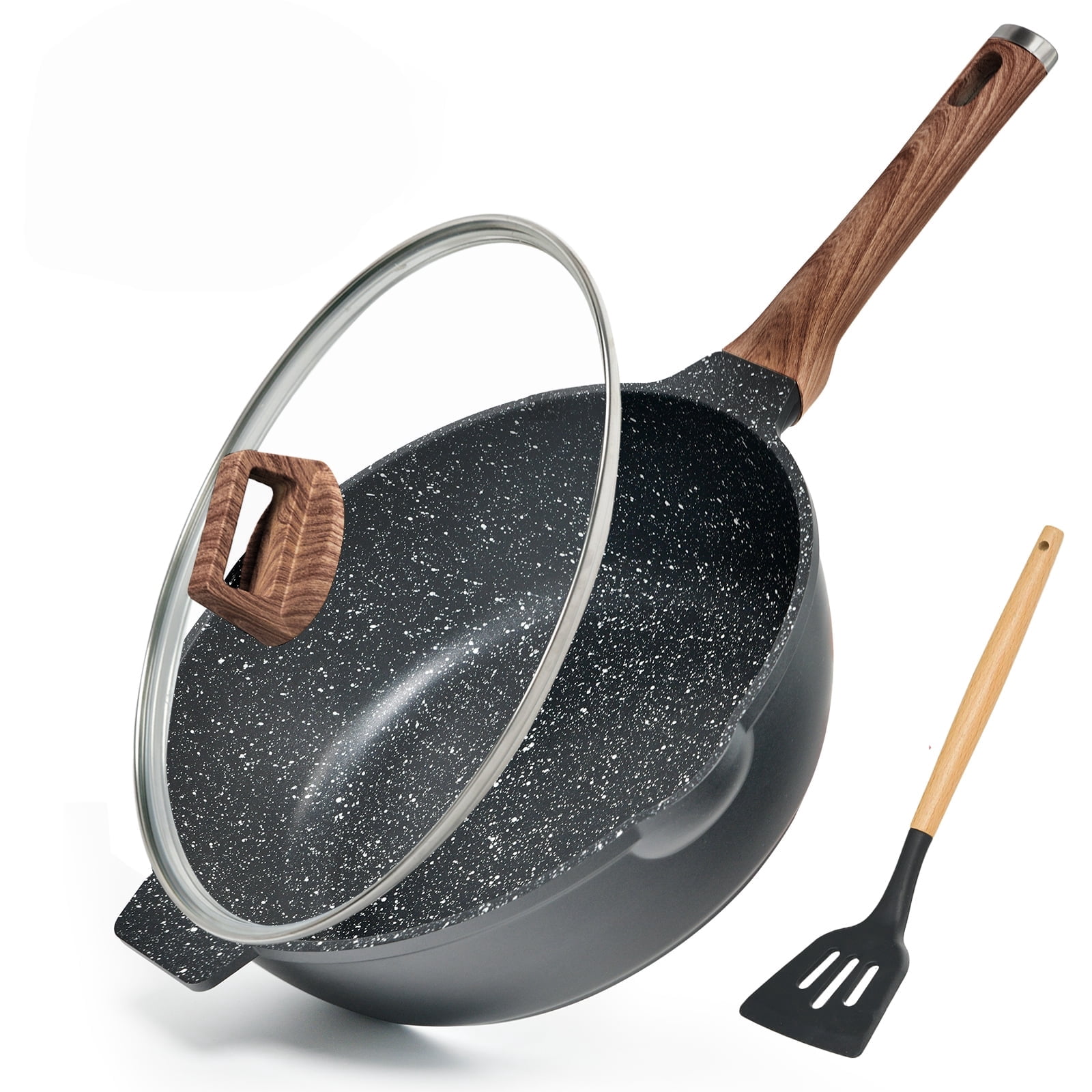 12 inch Deep Frying Pan No stick with Lid and Spatula, Clatine 5.5 ...