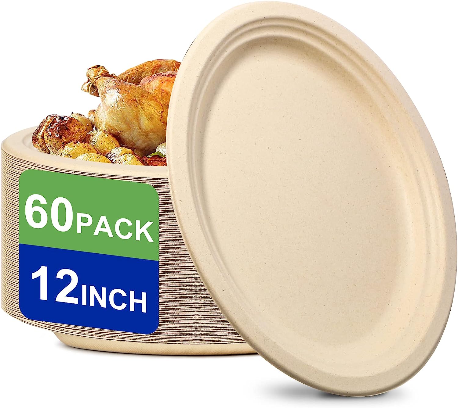 12 inch Large Paper Plates, 60 Pack Oval Paper Plates, 100% Compostable ...
