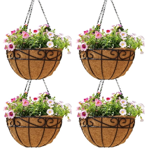 12 inch Metal Hanging Baskets For Plants Outdoor 4 Pack Round Metal ...