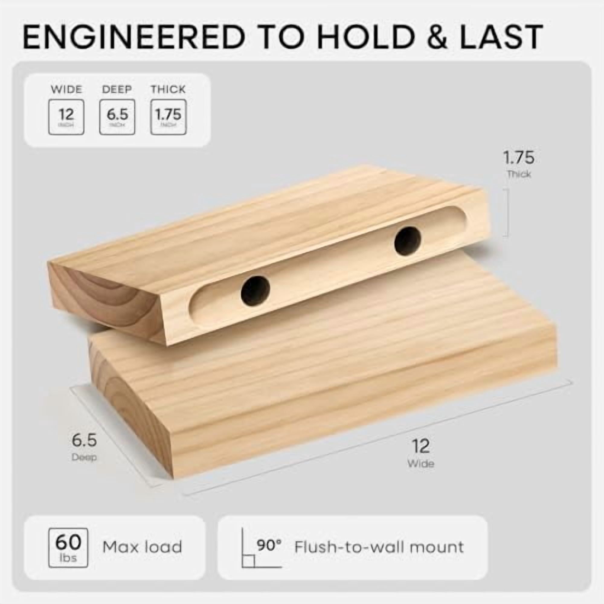 12 inch Natural Floating Shelf, High End Solid Real Wood 12inch Small ...