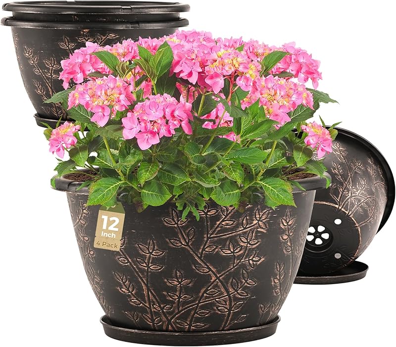 12-inch-Plant-Pots-Indoor-Outdoor, 4 Pack Large Whiskey Barrel Planters ...