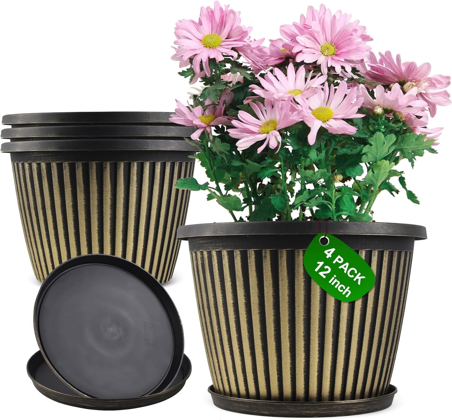 12 inch Planter Indoor Outdoor Plant Pots, 4 Pack Large Plastic Flower ...