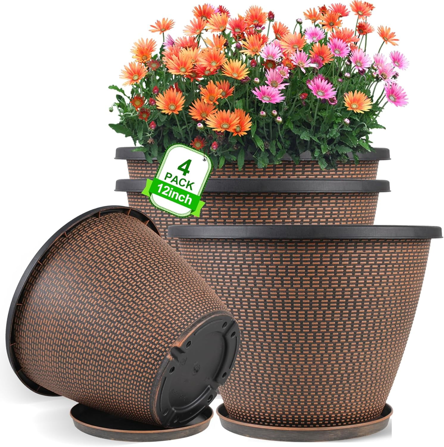 12 inch Pots for Plants, 4 Pack Large Outdoor Planter Pot with Drainage ...