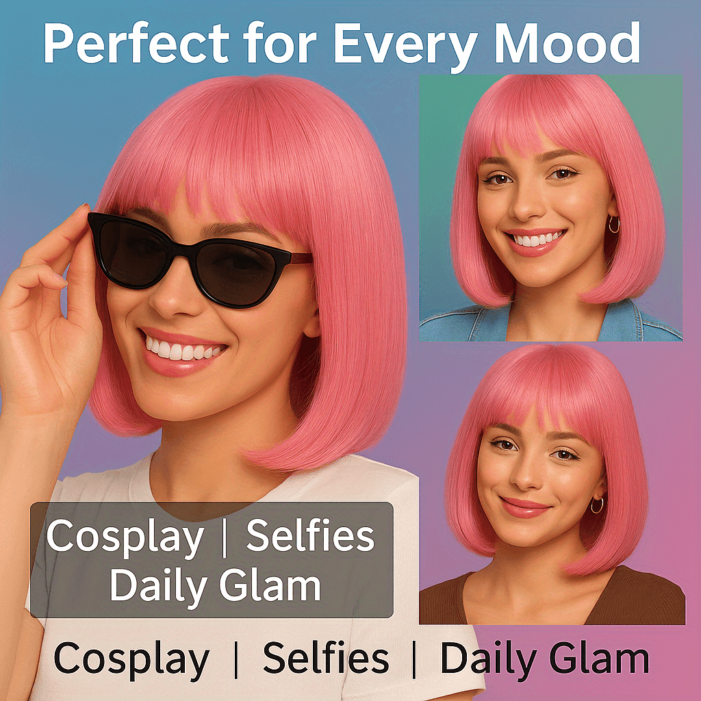 12 inch Short Pink Bob Wig Headgear Fluffy Short Straight Bob Wig with ...