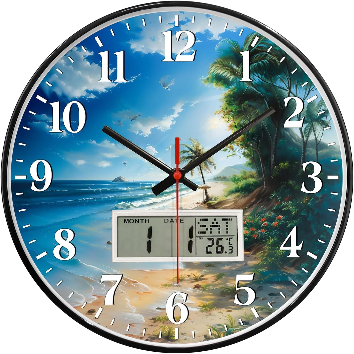 12 inch Wall Clock, Coastal Sunrise of Pleasing Dial with LCD Display ...