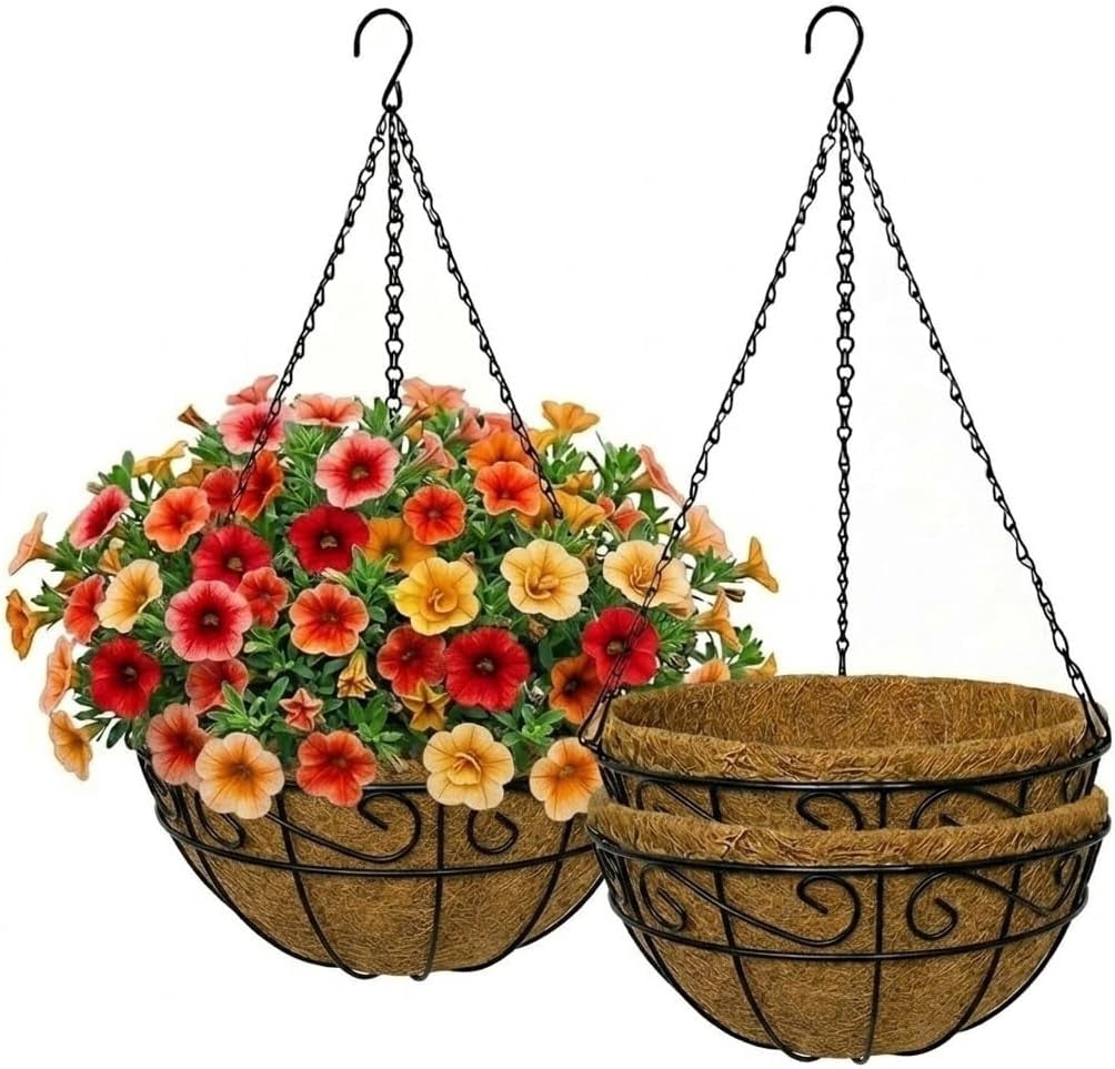 12-inch hanging basket, set of 3 metal wire hanging flower pots, with ...