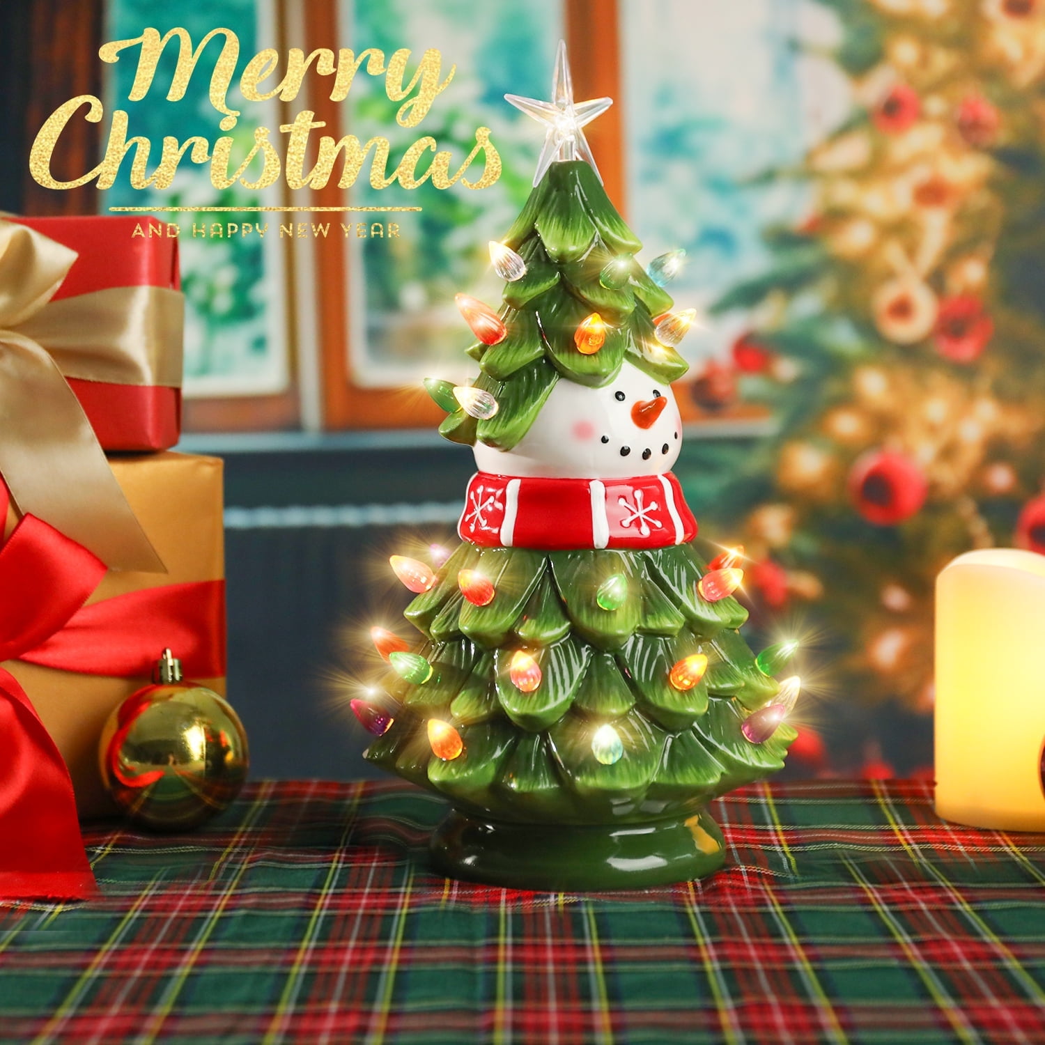 12 inches Christmas Tree Snowman Decor with Multi-Color LED Lights ...