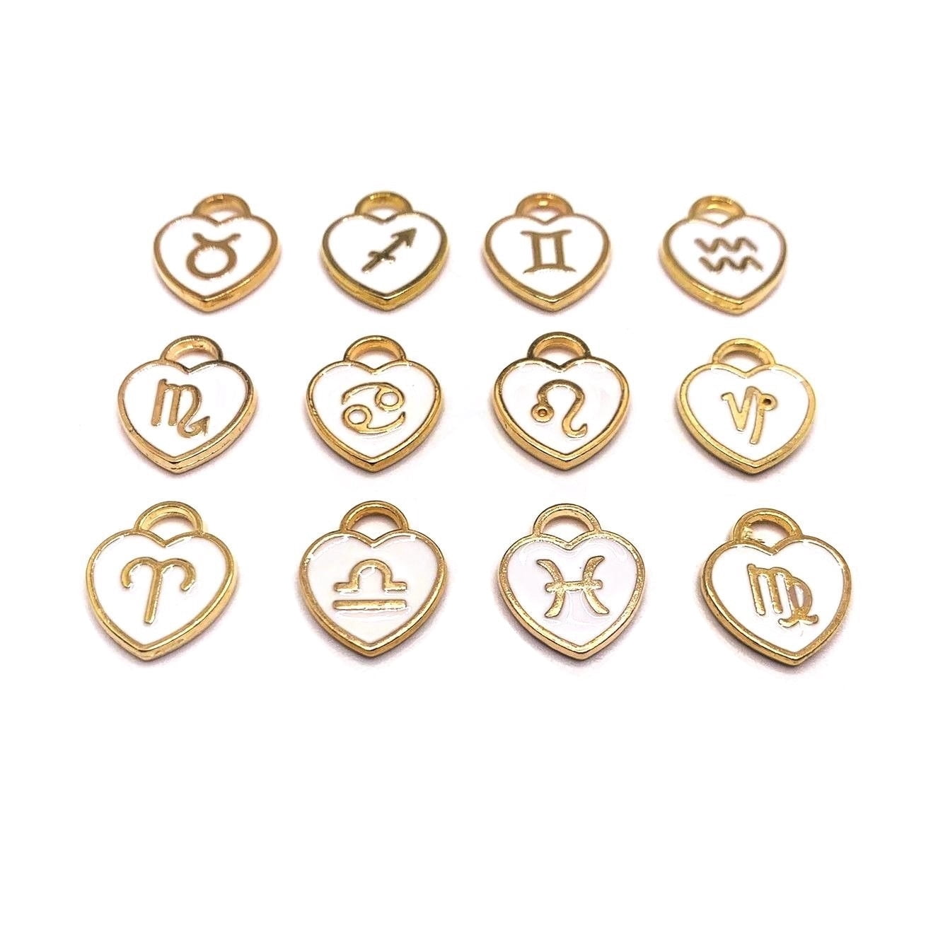 12 or 60 Pieces: White Enamel and Gold Zodiac/Astrology Heart Charms ...