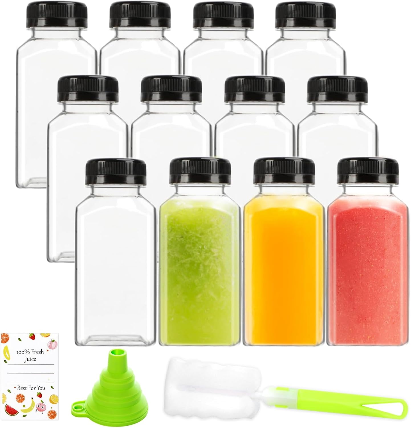 12 ounce plastic juice bottles, reusable juice containers with black ...