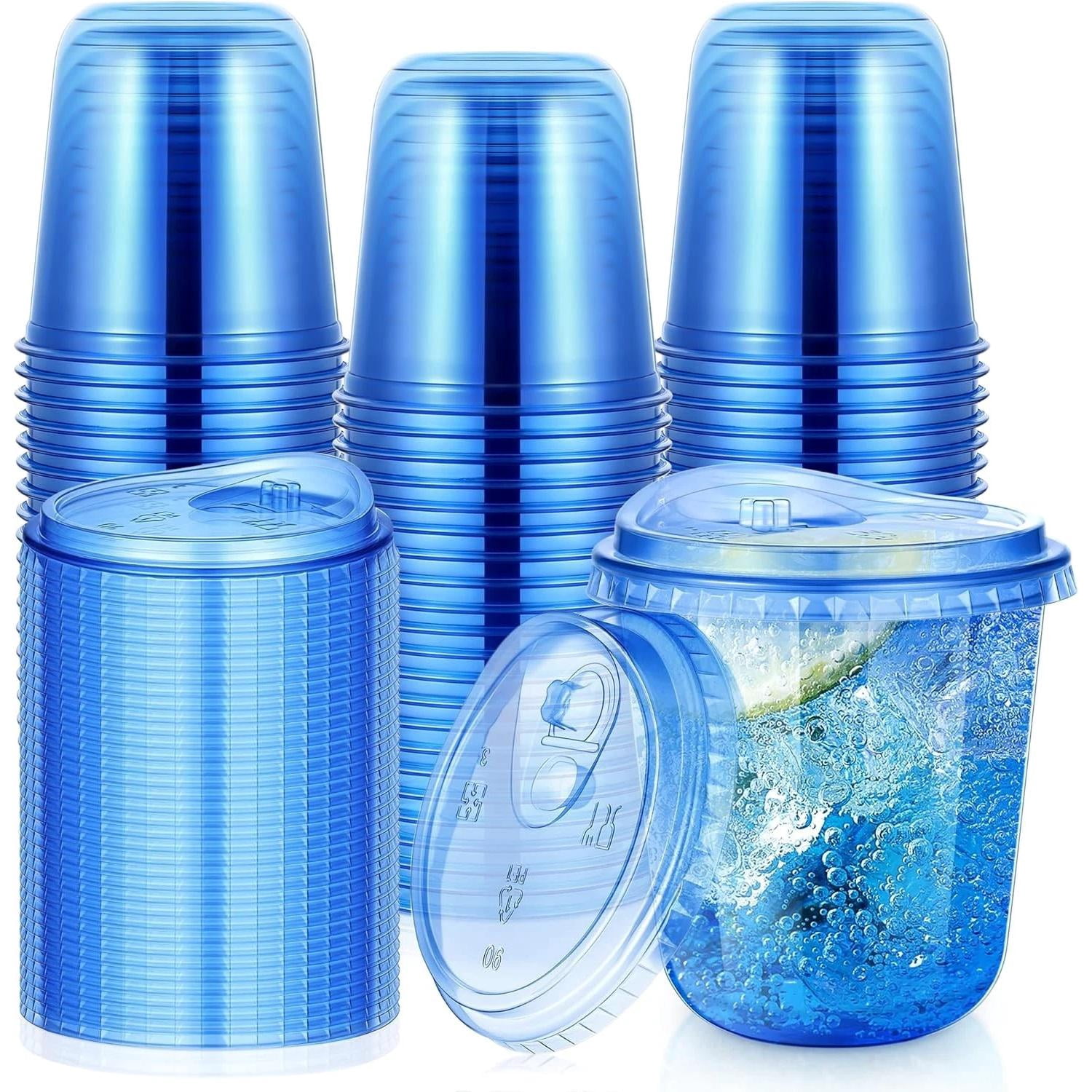 12 oz Blue Plastic Cups with Sip Lids, Disposable Strawless Wine ...