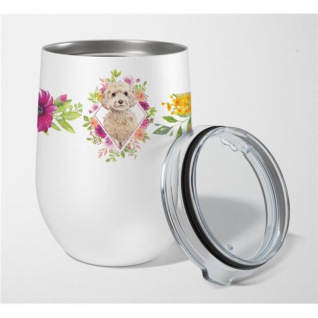 12 oz Champagne Cockapoo Pink Flowers Stainless Steel Stemless Wine ...