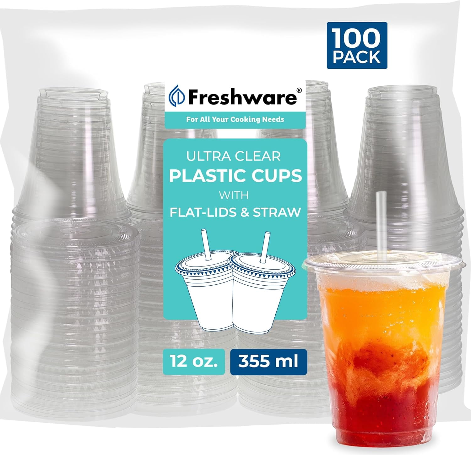12 oz Clear Disposable Plastic Cups with Flat Lids and Straws, 100 Pack ...