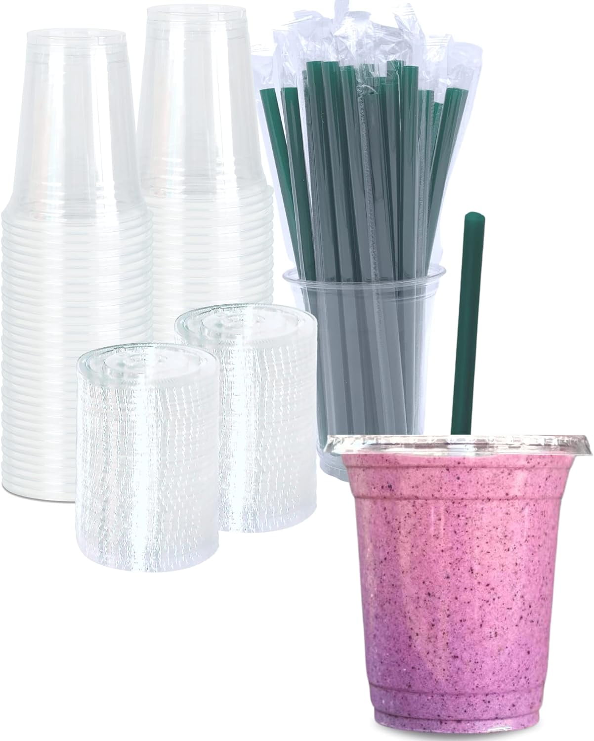 12 oz Clear Plastic Cups with Lids and STRAWS, Disposable Drinking Cups ...