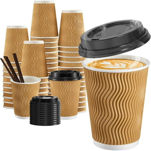 12 oz Coffee Cups-90 Pack Disposable Coffee Cups with Lids and Straws ...