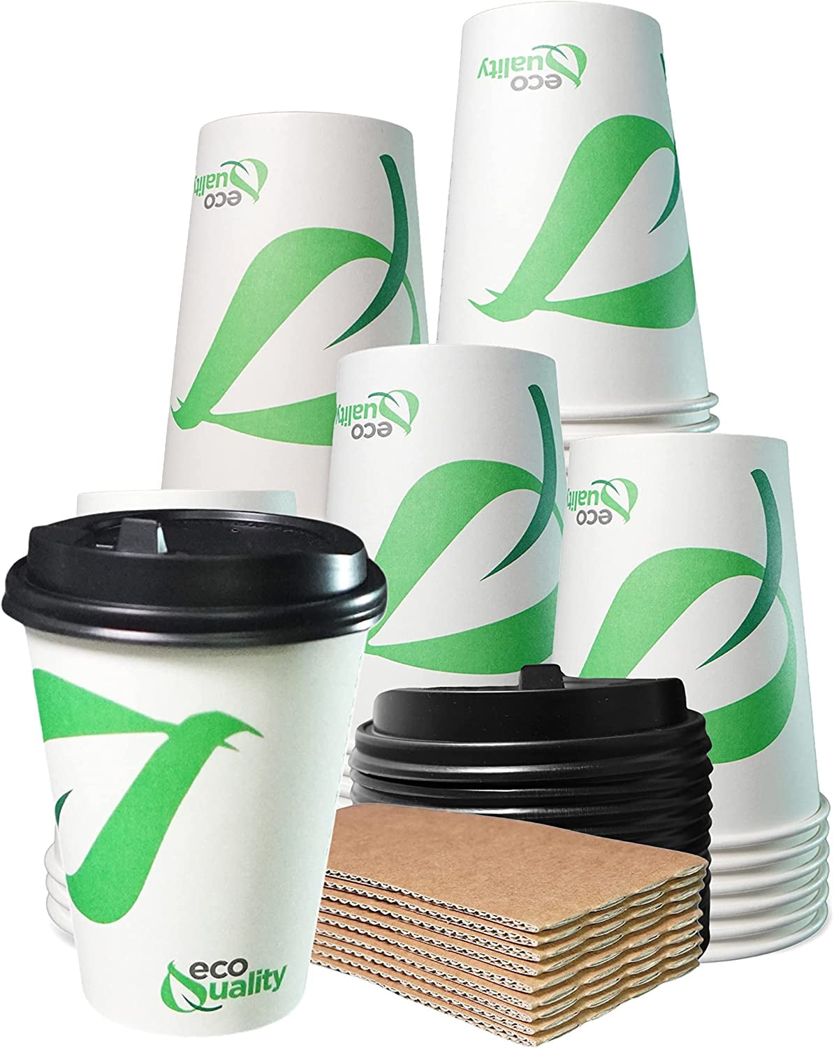 12 oz Compostable Paper Cups with Black Dome Lids and Sleeves ...