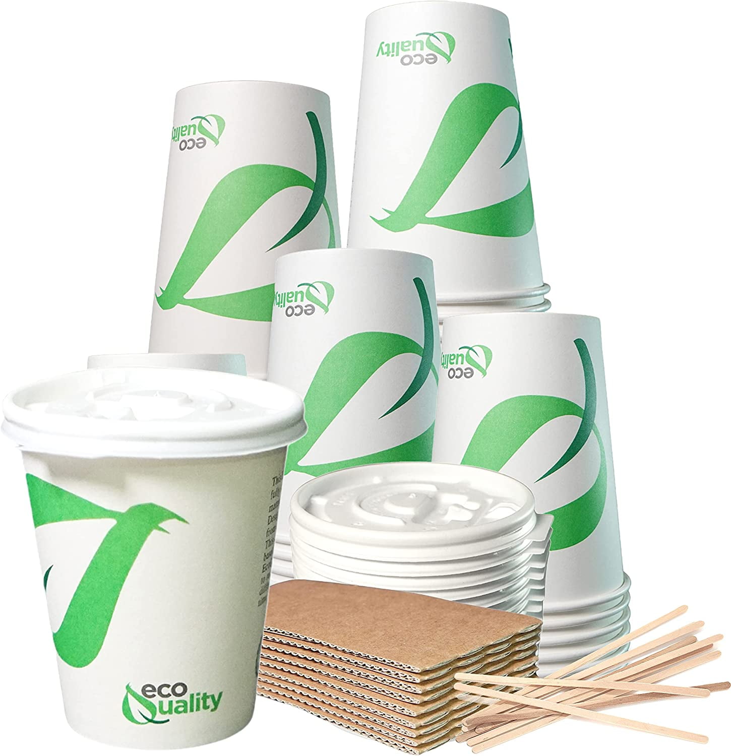 12 oz Compostable Paper Cups with White Flat Lids, Sleeves and Wooden ...