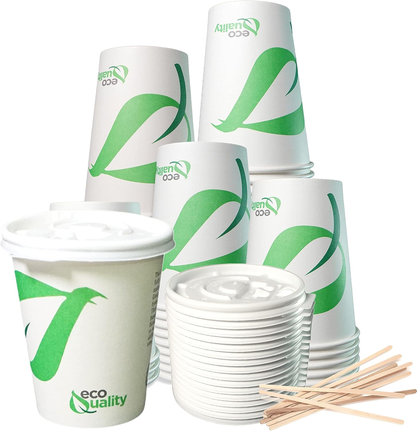 12 oz Compostable Paper Cups with White Flat Lids and Wooden Stirrers ...