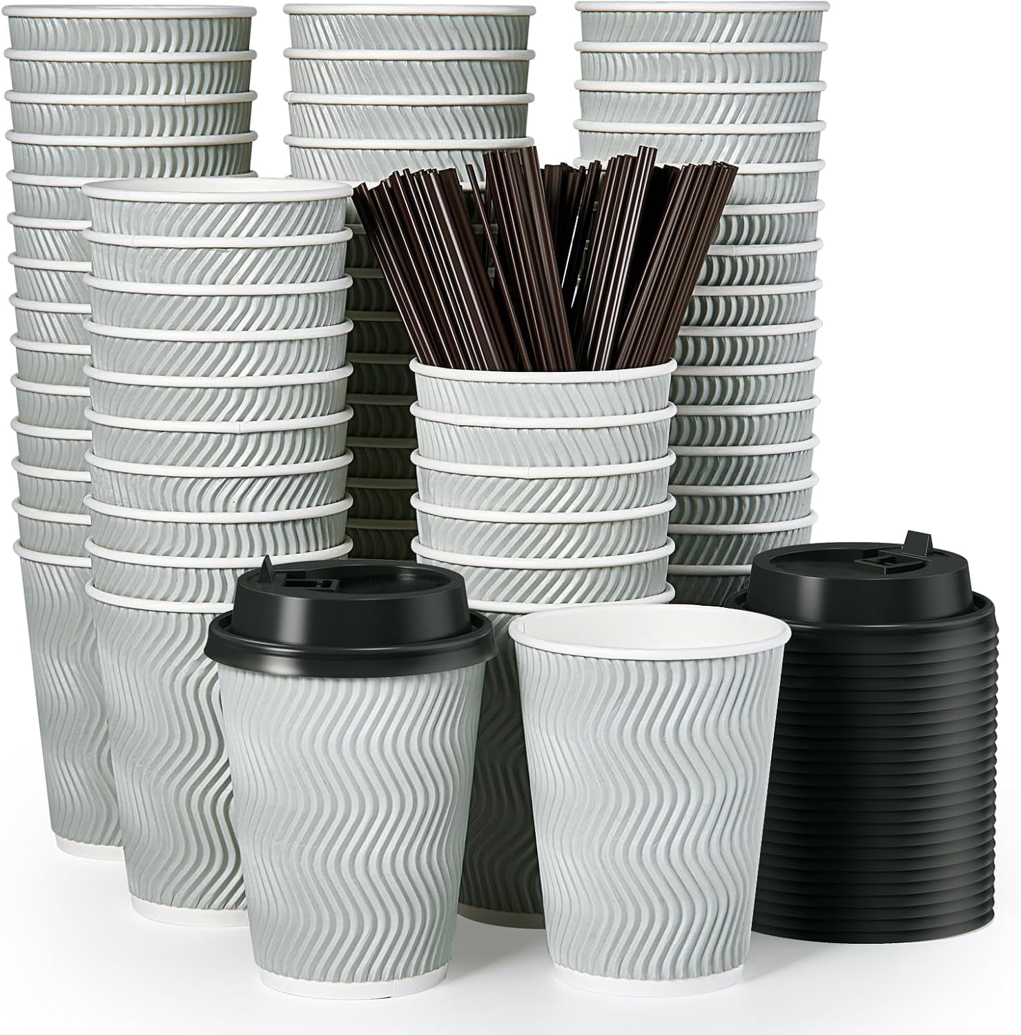 12 oz Disposable Coffee Cups, 100 Count Insulated Ripple To Go Cups ...