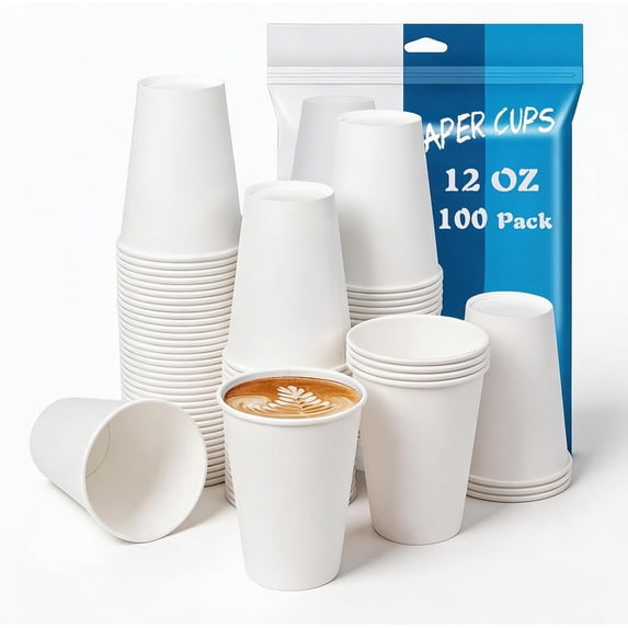 12 oz Disposable Paper Coffee Cups, 100 Count – Leak-Resistant White ...