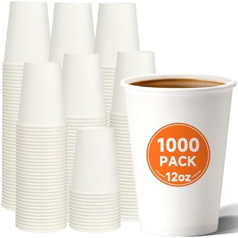 12 oz Disposable Paper Coffee Cups [1000 Pack], White Hot Paper Cups ...